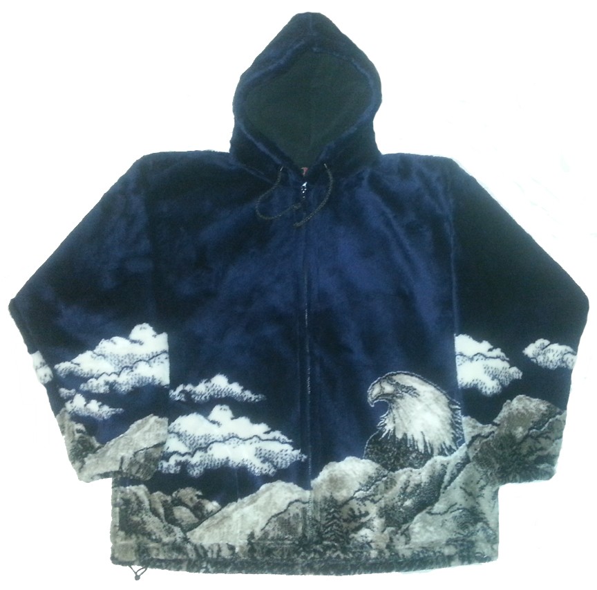 Bald Eagle Hooded Navy Plush Fleece Jacket with Hood Adult
